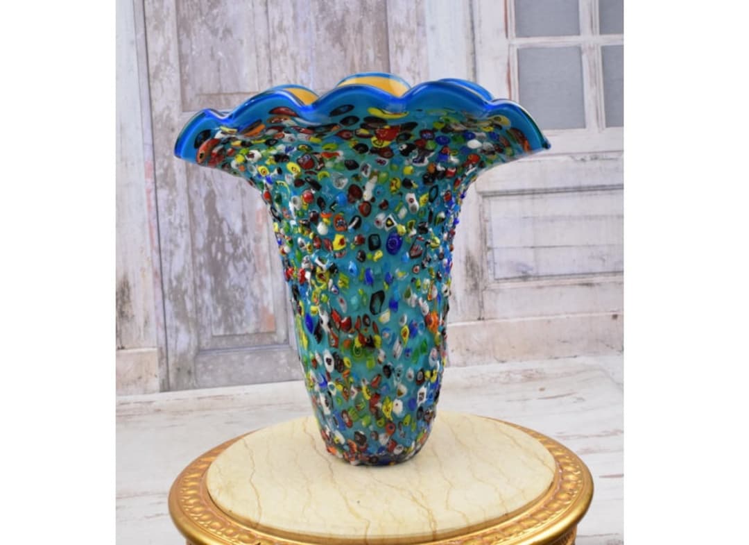 Handcrafted Blue Murano Style Vase: Seashells Italian Glass Decor - Etsy