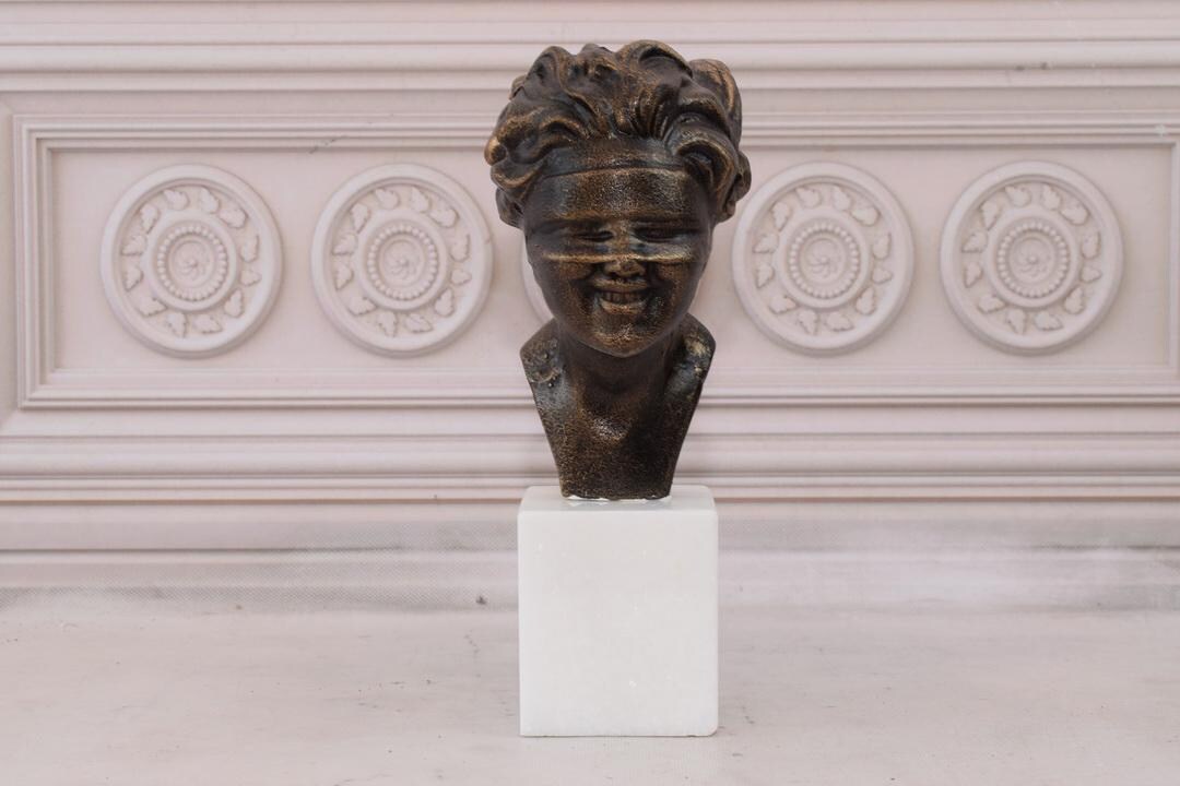 Cast Iron Sculpture - Woman With Blindfold on Marble Base - Unique Home ...