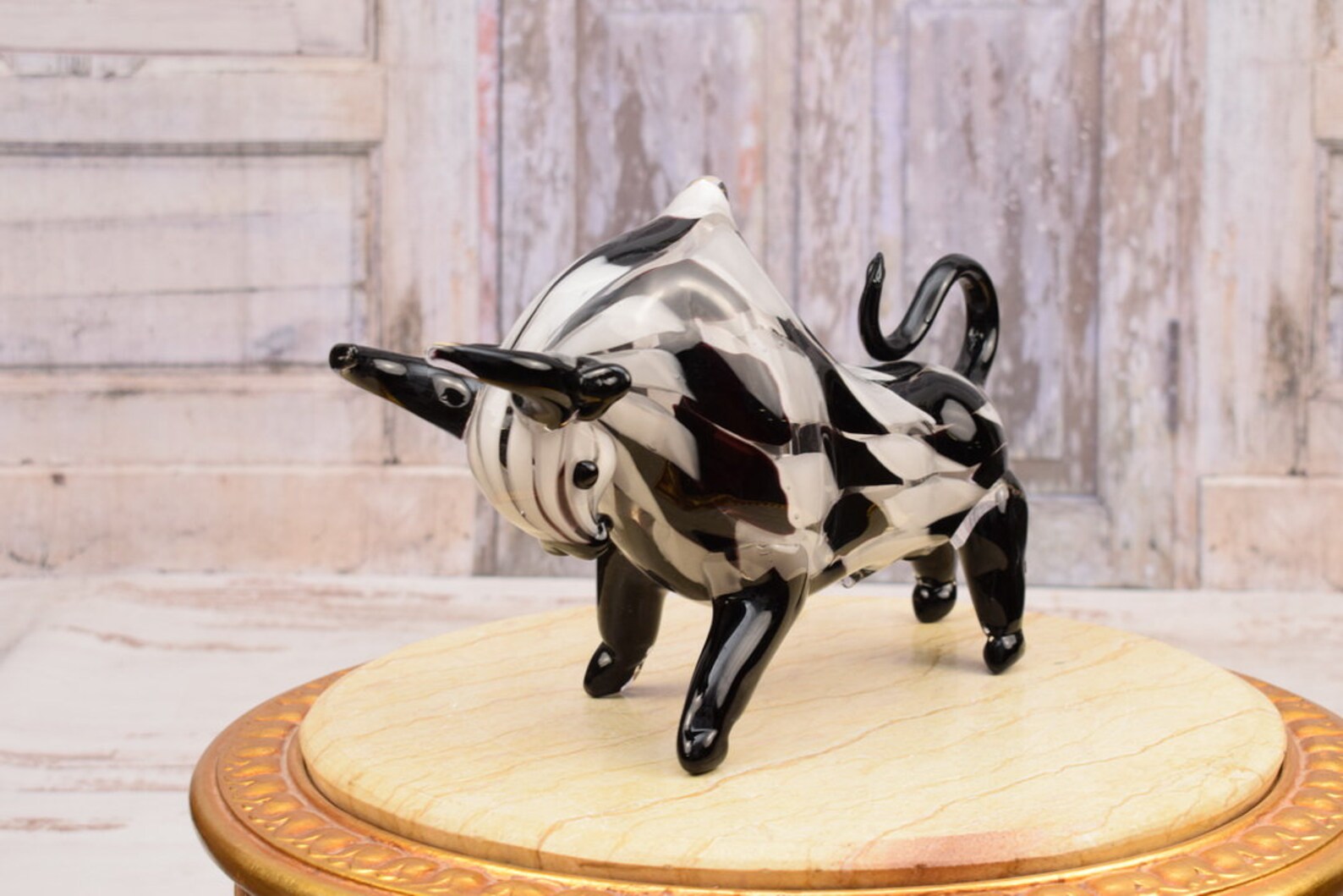 Handcrafted Murano Glass Bull Statue: Black & White Italian Sculpture ...