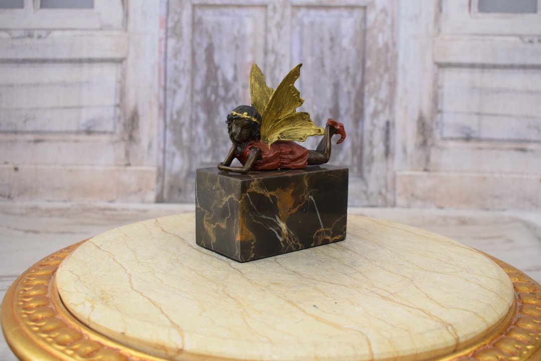 Vintage Bronze Elf Sculpture With Wings on Marble Base - Etsy