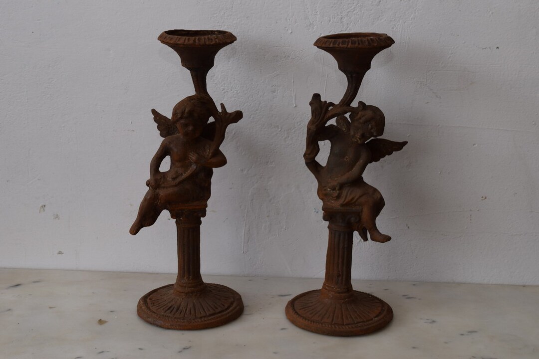 Cast Iron Pair Candlestick Candlesticks Angel Sculpture Figurine Figure ...
