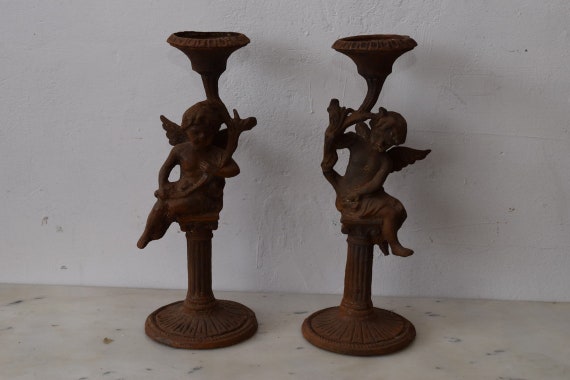 Cast Iron Pair Candlestick Candlesticks Angel Sculpture - Etsy