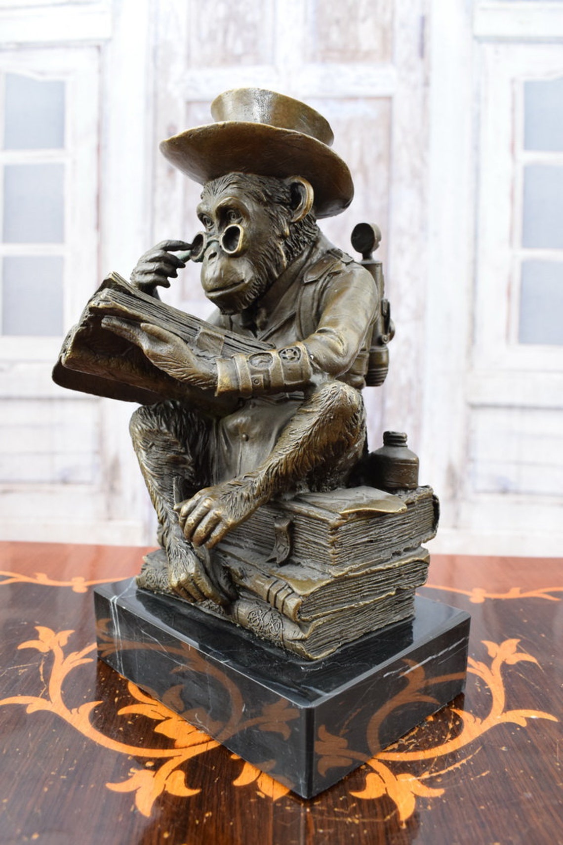 Steampunk Monkey Bronze Statue: Reading Book, Home Decor - Etsy