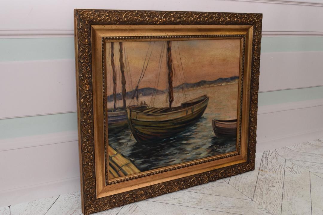 Antique Polish Painting – Jaxa Malachowski – Boats in Old Seaport ...