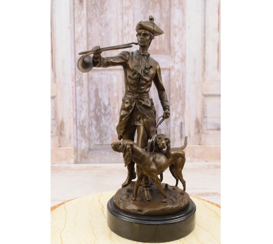Bronze Statue Auguste Moreau Style - Hunter With Horn and Two Hound ...