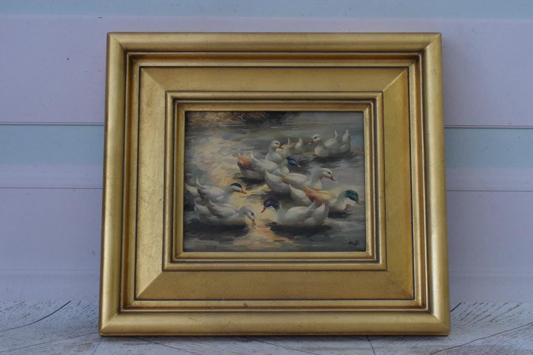 Painting Family Ducks - Nice Frame - Ducks Painting Art - Old Oil on ...