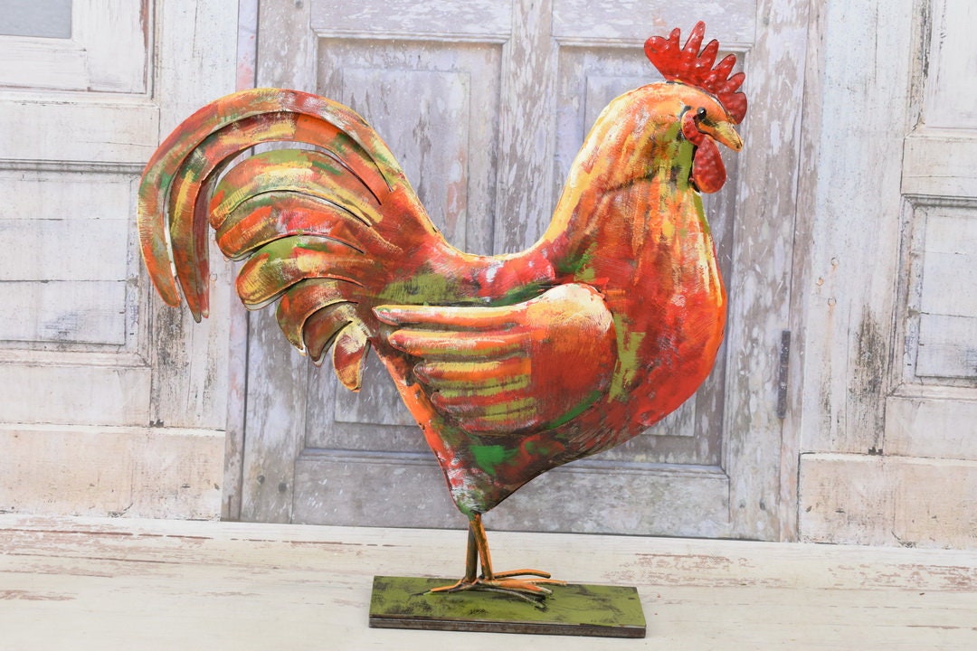 Iron Rooster Colorful Figurine - Figure Sculpture Rosster - Garden ...