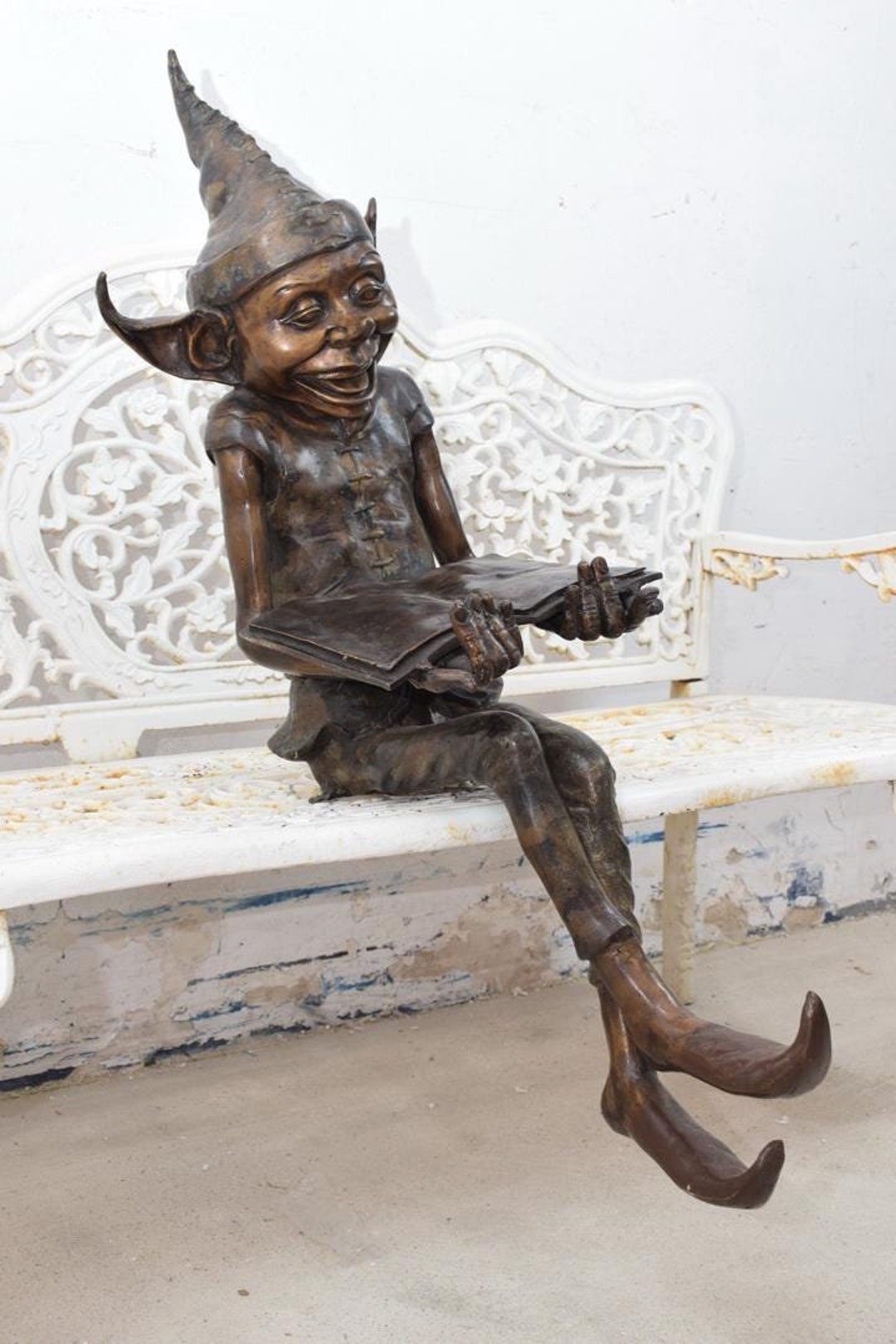 Sculpture Bronze Elf - Sitting Gnome Reading Book - Funny Pixie Figure ...
