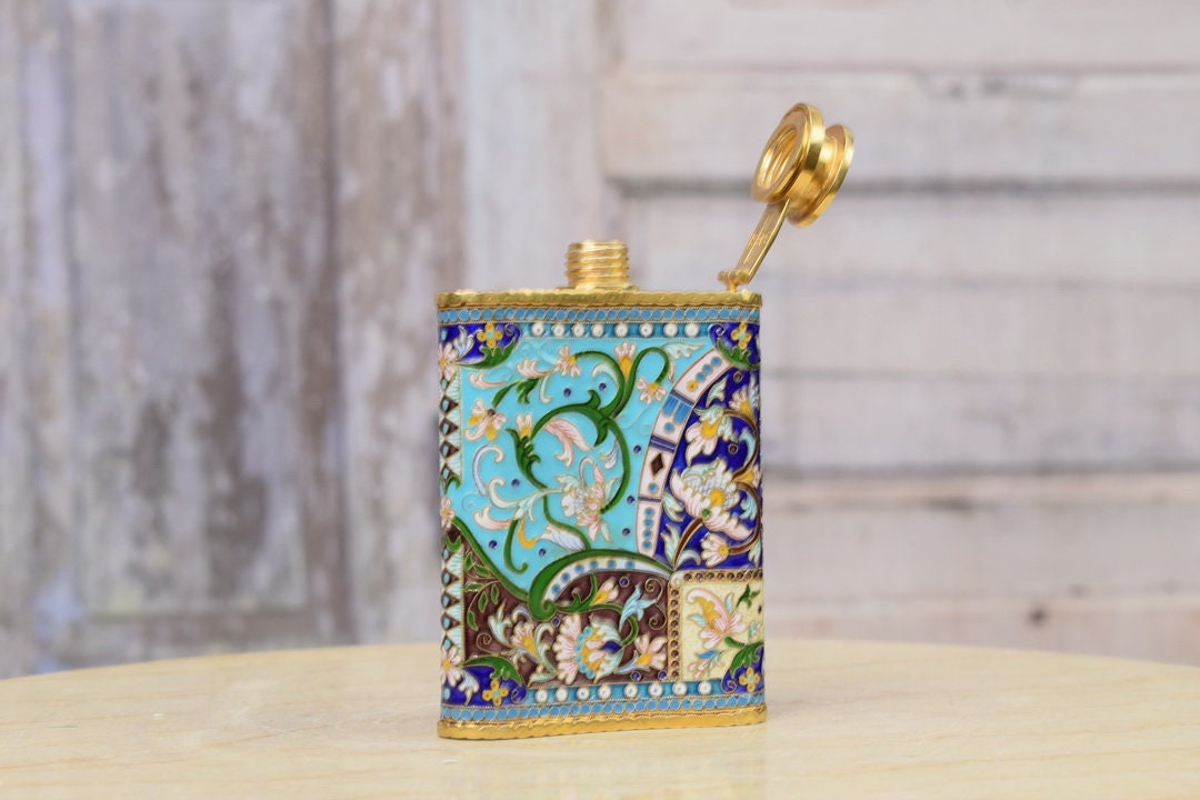 Silver and Enamel Alcohol Flask Silver Flask Faberge Style Handmade ...
