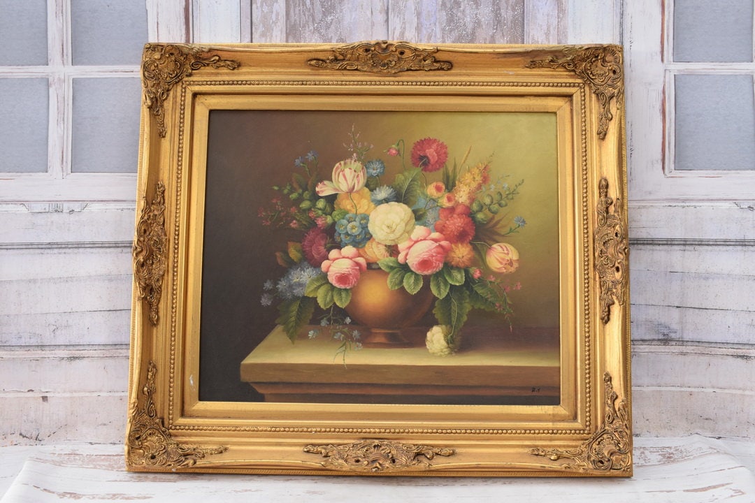 Flowers Painting in Golden Frame Oil on Canvas 81x71 - French Art ...