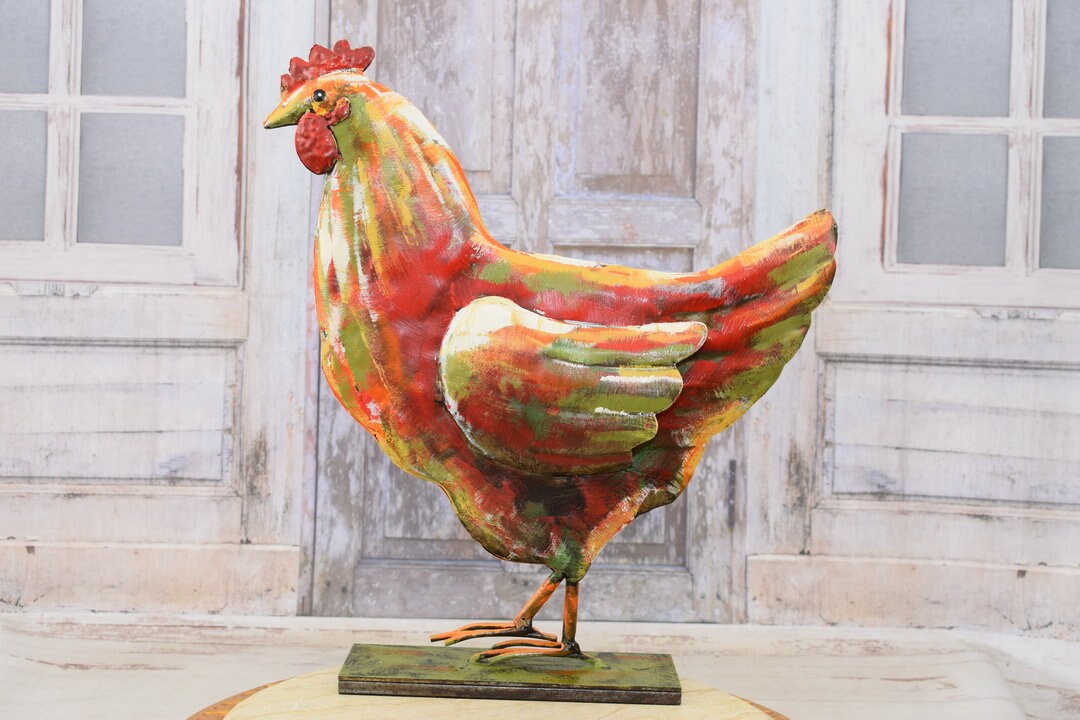 Iron Hen Colorful Figurine - Figure Sculpture Hen - Garden Statue Gift ...