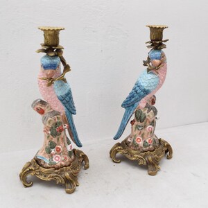 Art Deco Parrot Candlesticks: Porcelain With Bronze Ornaments, Pair - Etsy