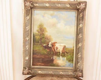 Vintage French Landscape Painting – Cows in Pasture, Gold Frame - Etsy