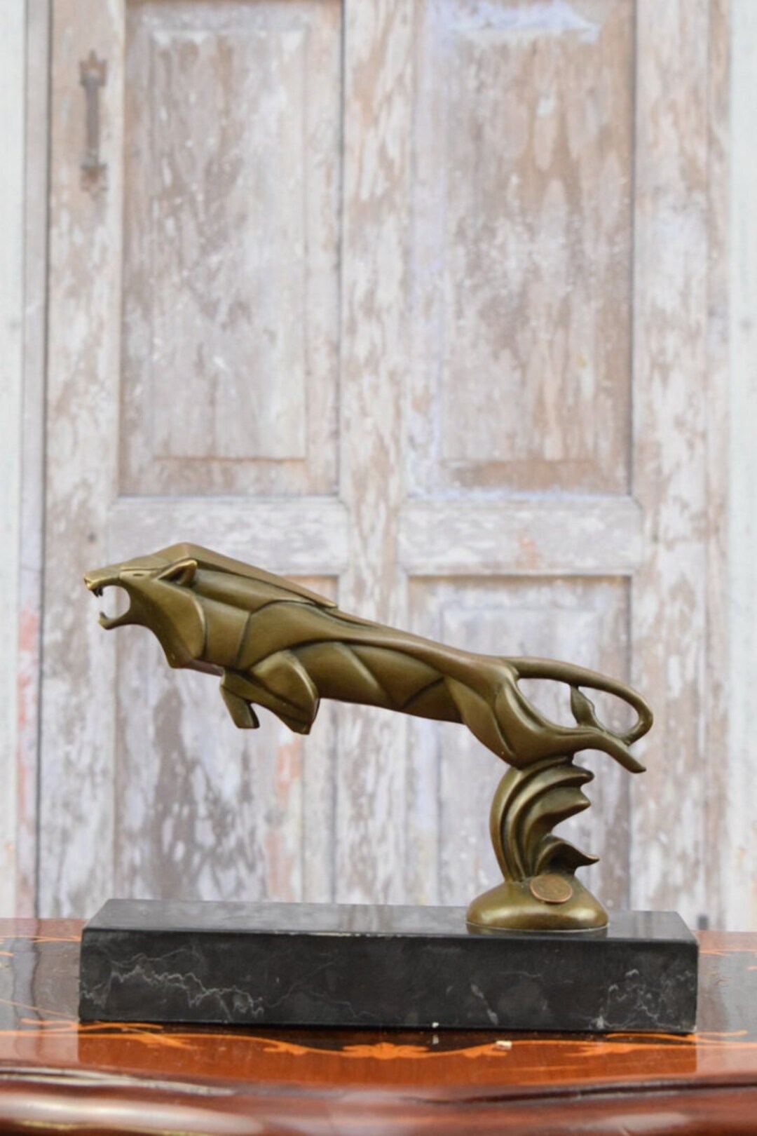 Jumping Lion Bronze Figurine Bronze Sculpture on Marble Base Foundry ...