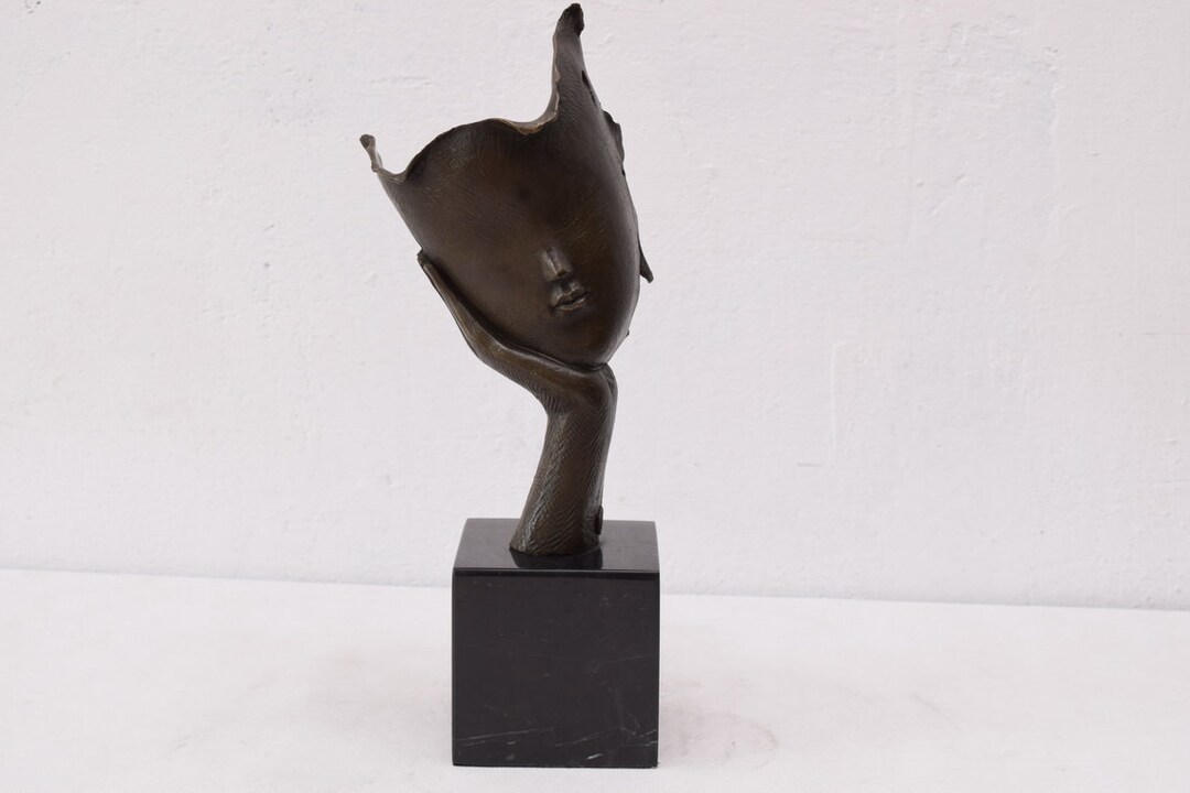 Large Face on Hand Bronze Statue - Trophy Face Mask Modernist Bronze ...