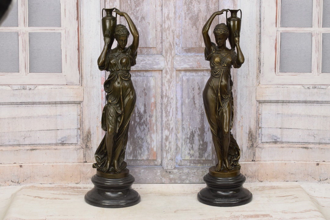 Rare Bronzes! Two Big Standing Nymphs With Vases on Their Heads - Two ...
