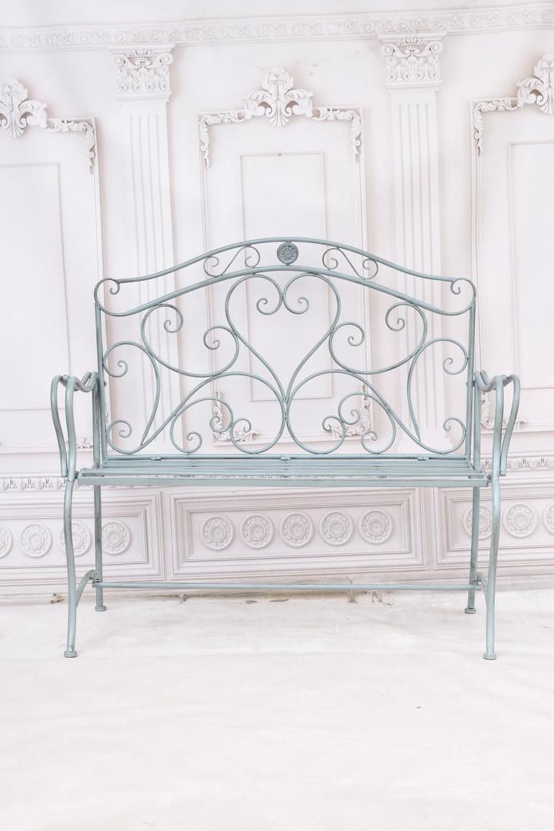 Rustic Metal Garden Bench – Vintage Style Outdoor Decor – Patio Iron ...