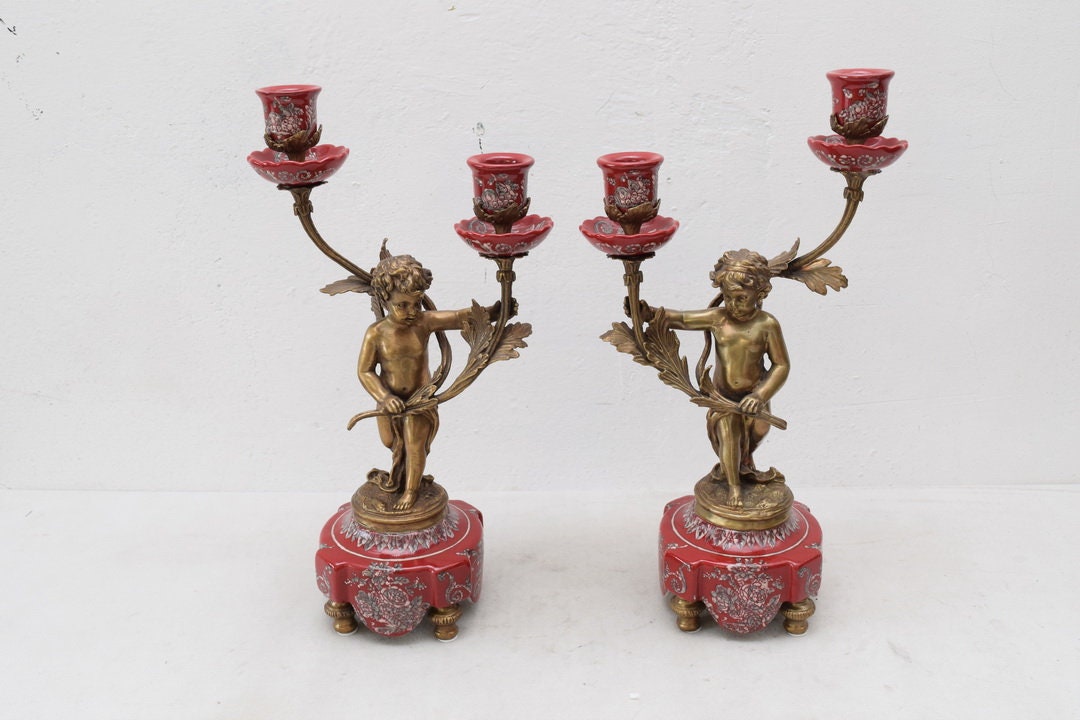 Pair Set Porcelain With Bronze Angel Candlestick Angels Art Deco Gift ...