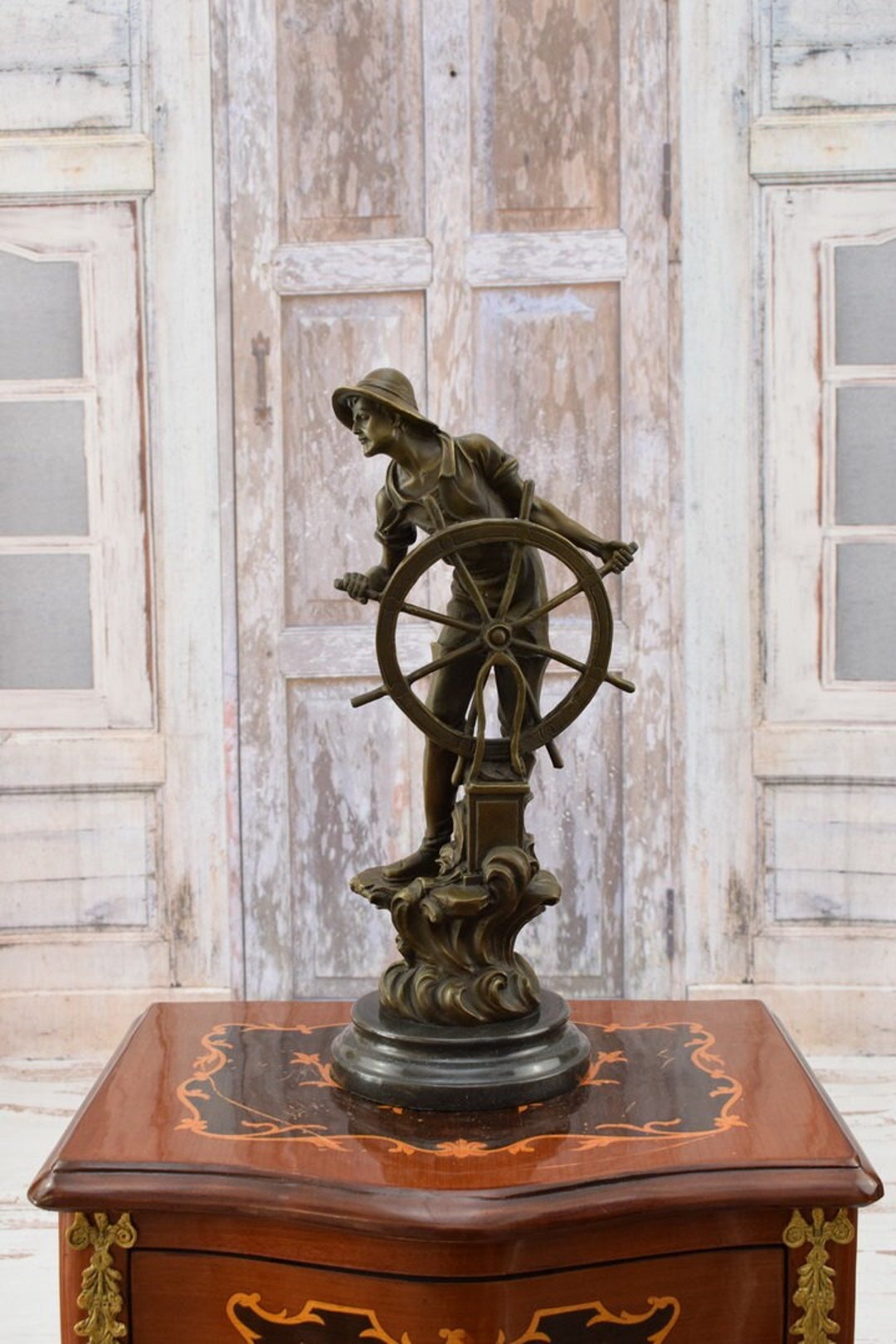 Vintage Bronze Sailor Sculpture – Seaman With Steering Wheel, Ship ...