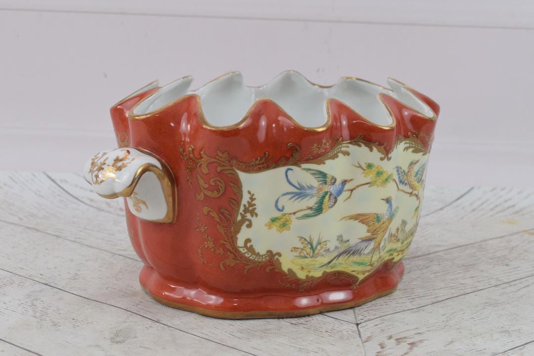 Vintage Red Porcelain Bowl: Painted Parrot & Floral Design - Etsy