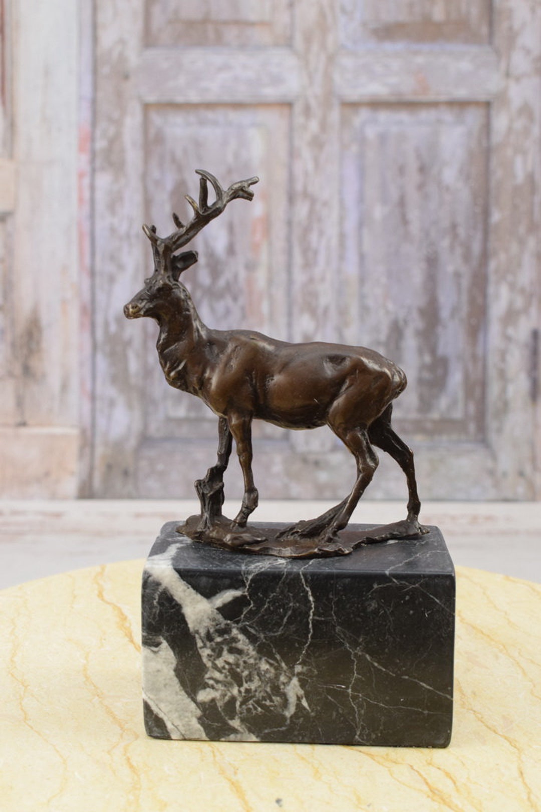 Standing Deer Bronze Statue on Marble Base - Hunting Figure - Garden ...