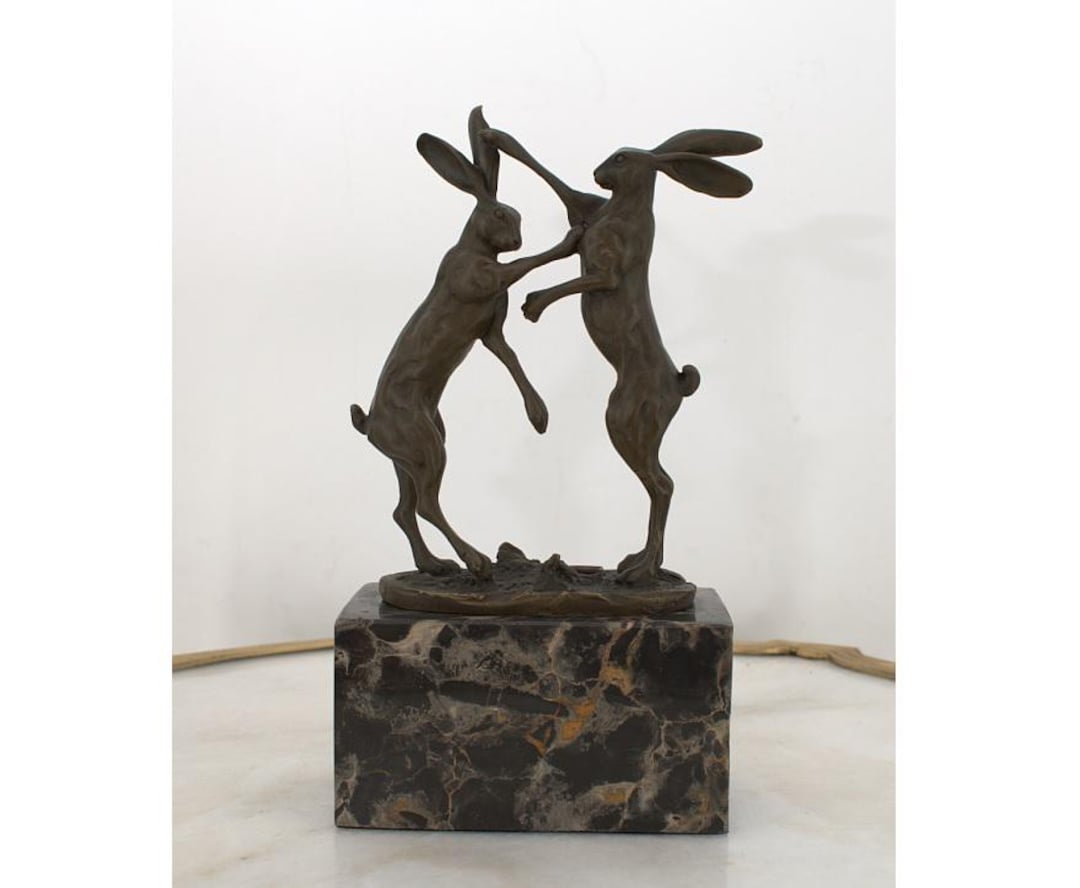Two Boxing Hares - Hares Bronze Sculpture on Marble Base - Rabbits ...