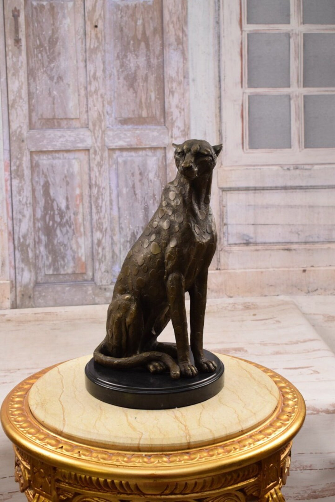 Spotted Cheetah Bronze Sculpture on Marble Base - Vintage Leopard ...
