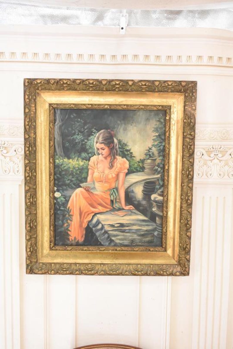 Antique Woman Reading Oil Painting – Art Nouveau Framed Wall Art – 100 ...