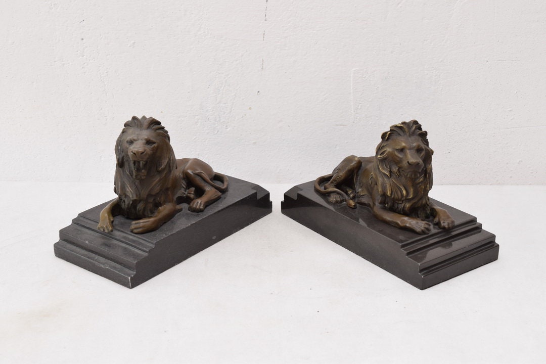 Set Lying Lions Bronze Sculpture on Marble Base - Pair Lion Exclusive ...