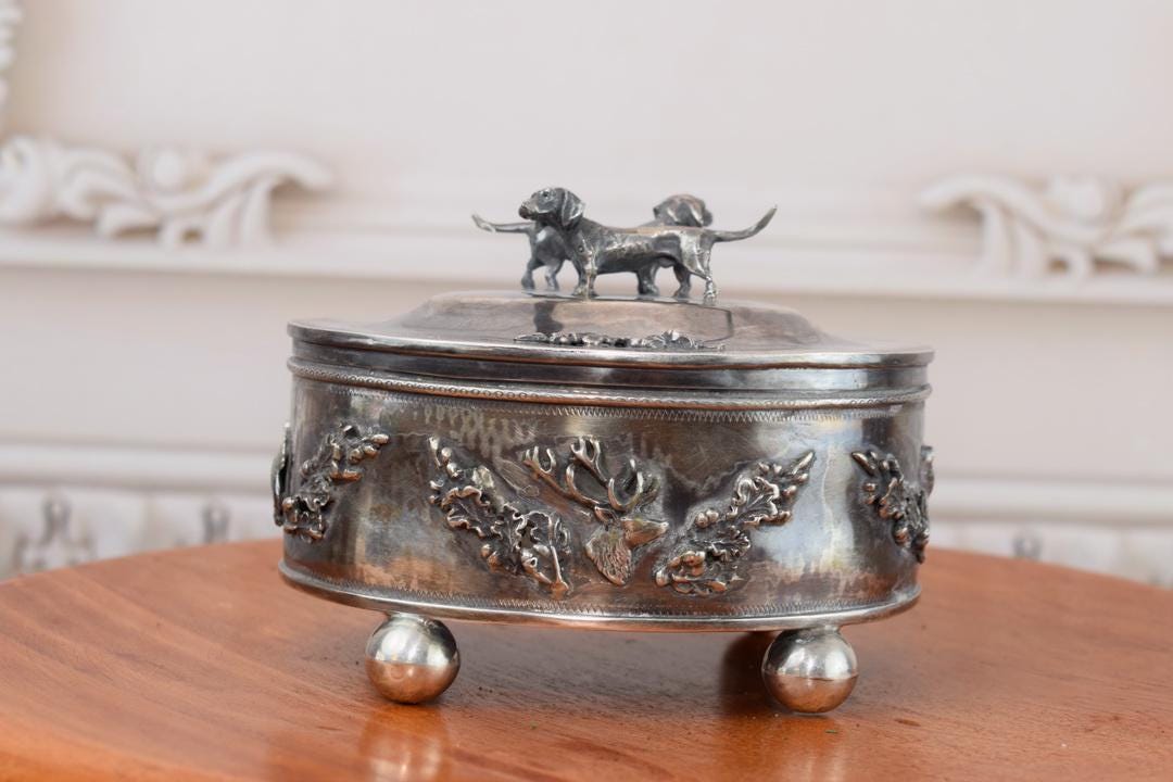 Antique Silver Sugar Box Hunting Sugar Bowl Two Dachshunds Imperial ...