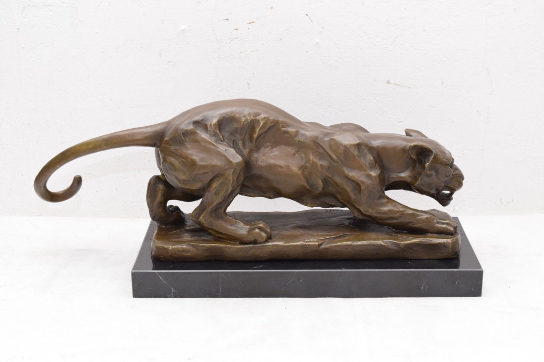 Large Crouching Tiger Bronze Sculpture on Marble Base Realistic Bronze ...