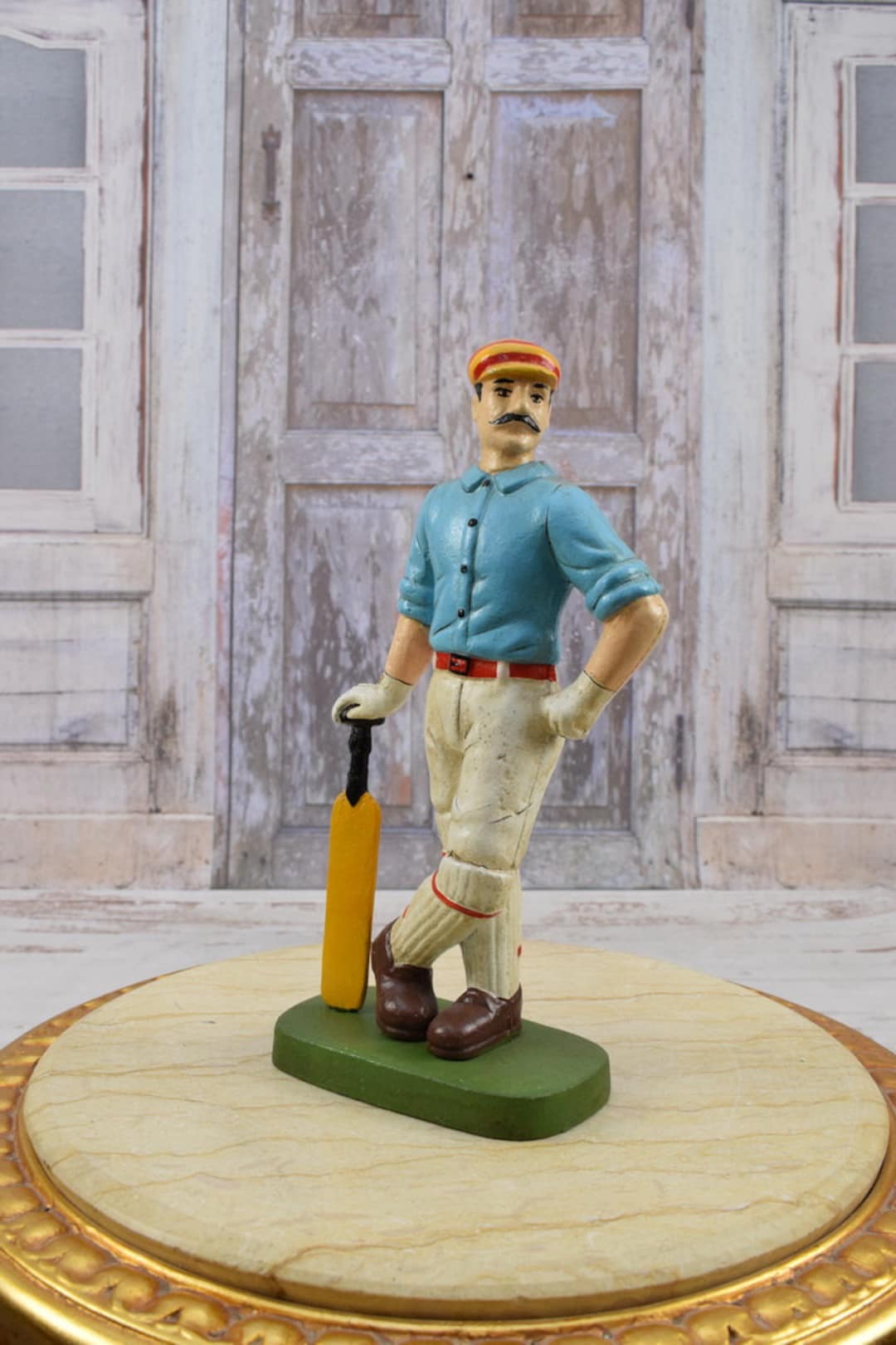 Cricket Player Sculpture - Cast Iron Man Colorful - Vintage Statue ...
