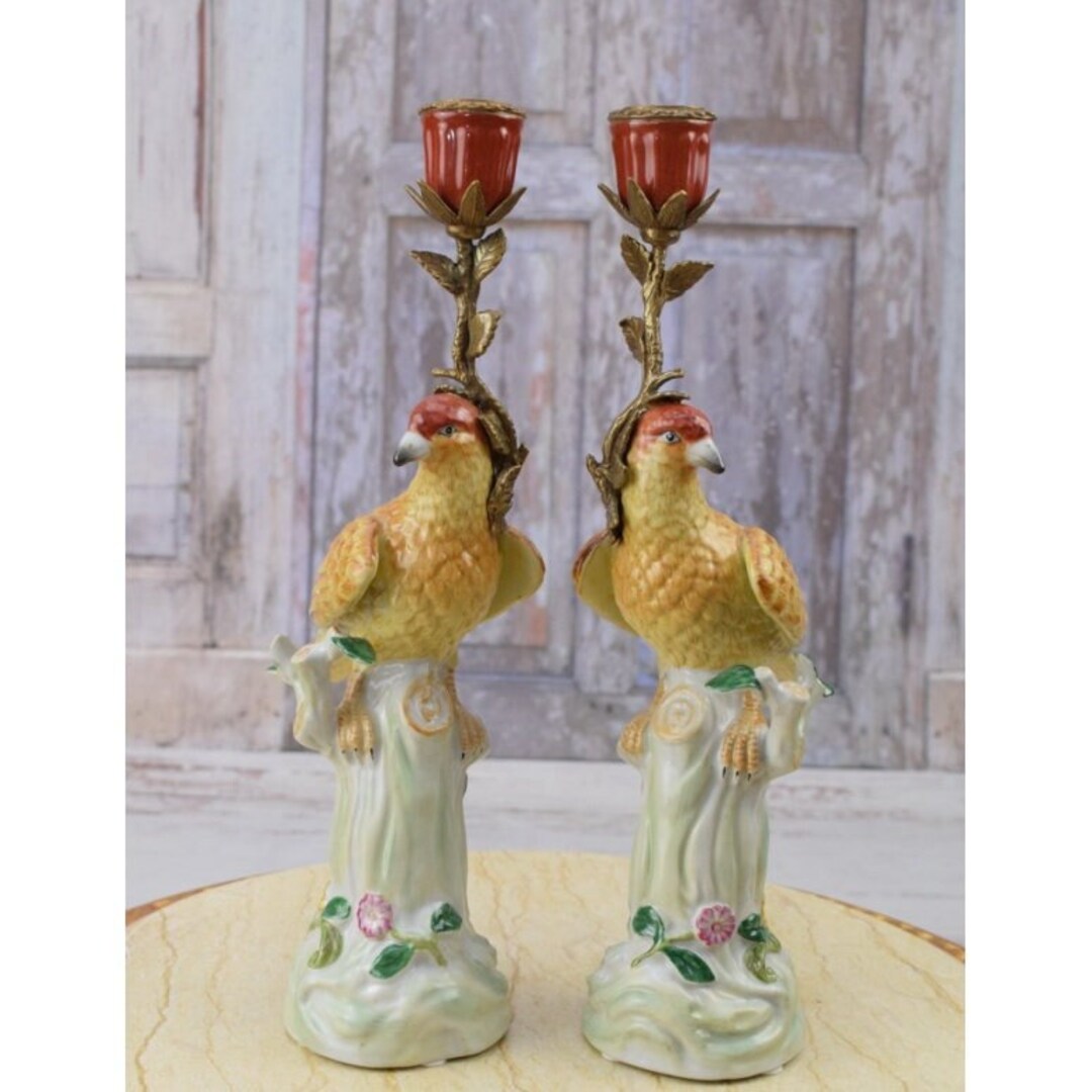 Antique Porcelain Parrot Candlesticks With Bronze Ornaments (14.96 ...
