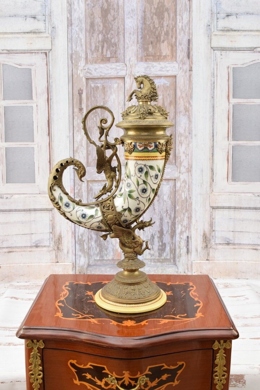XL Cornucopia Horn Porcelain With Bronze Bottle Art Nouveau Vase ...
