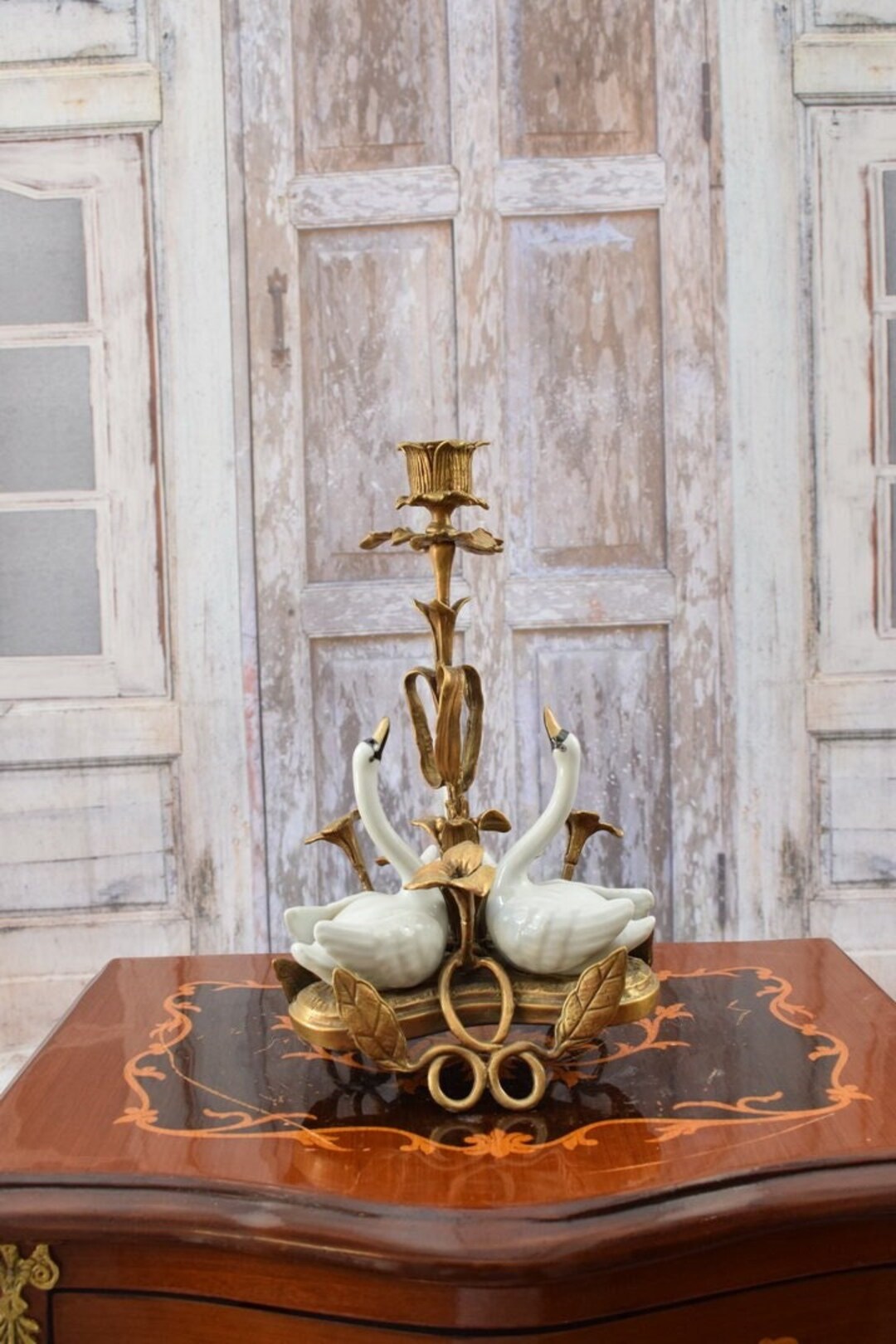 Amazing Bronze and Porcelain Candlestick - Three Figurines Swans - Swan ...