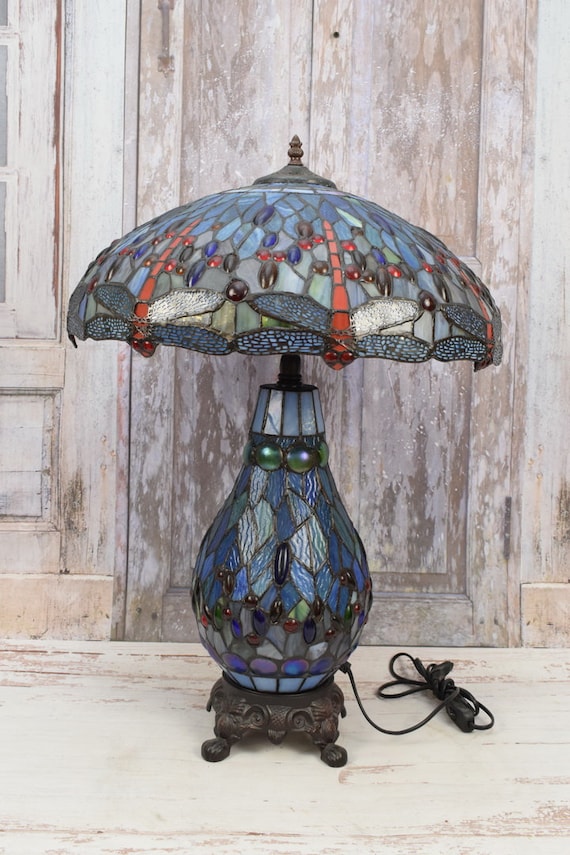 Lamp Tiffany Style Blue Table Lamp Dragonfly Lamp Flower Stained Glass Bedside Lamp Atmospheric Lamp Office Amazing Gift Idea Etsy UK