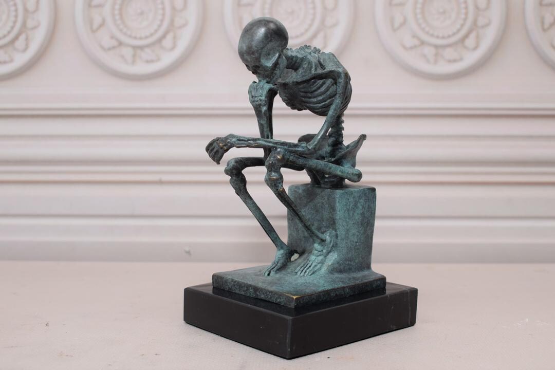 Vintage Bronze Thinker Skeleton Sculpture - Marble Base Foundry Mark - Etsy