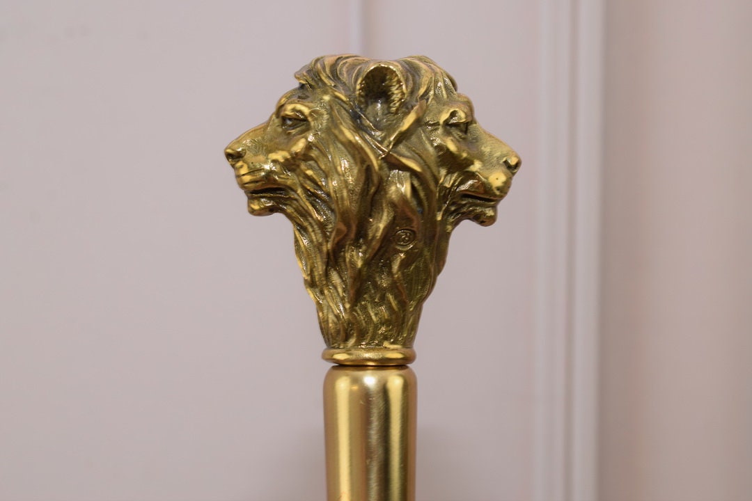 Two Lion Heads Wooden and Bronze Walking Stick - Lion Cane - Gold Lion ...