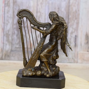 Angel Playing the Harp Bronze Sculpture on Marble Base, Winged Woman ...