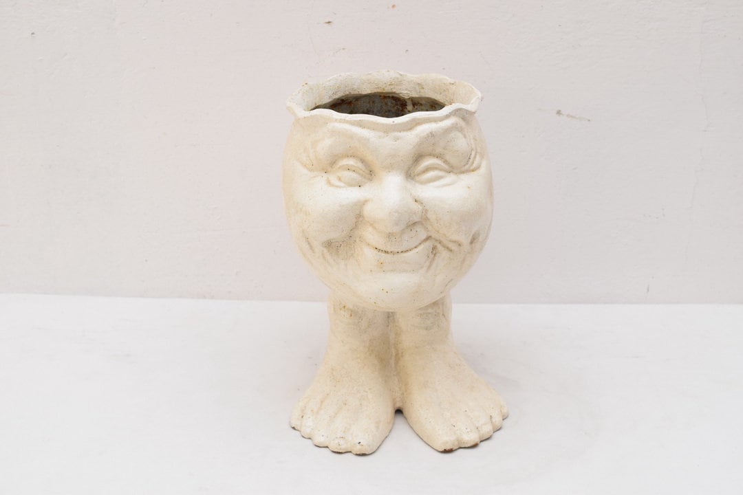 White Funny Flower Pot Cast Iron Face Figurine Sculpture Gift Vintage ...