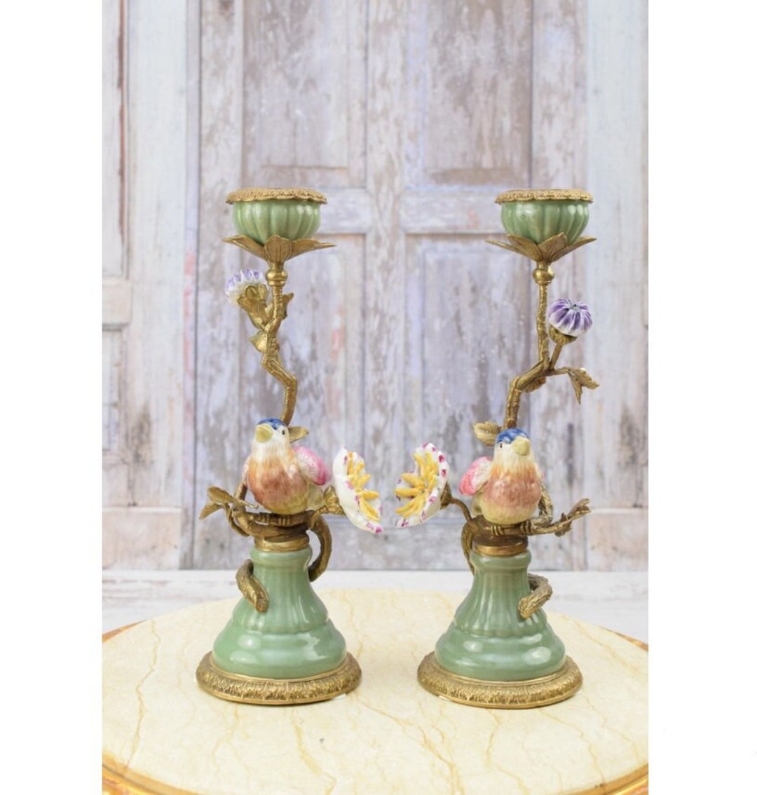 Pair Porcelain Candlesticks - Bronze Ornaments - Birds on a Branch ...