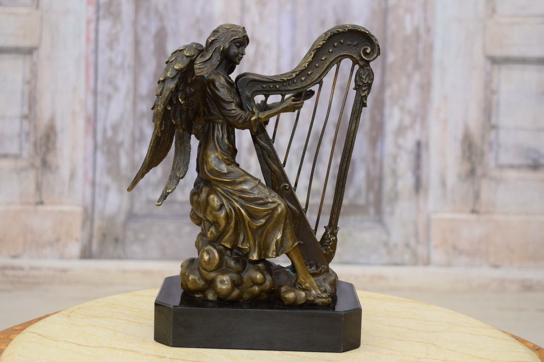 Angel Playing the Harp Bronze Sculpture on Marble Base, Winged Woman ...