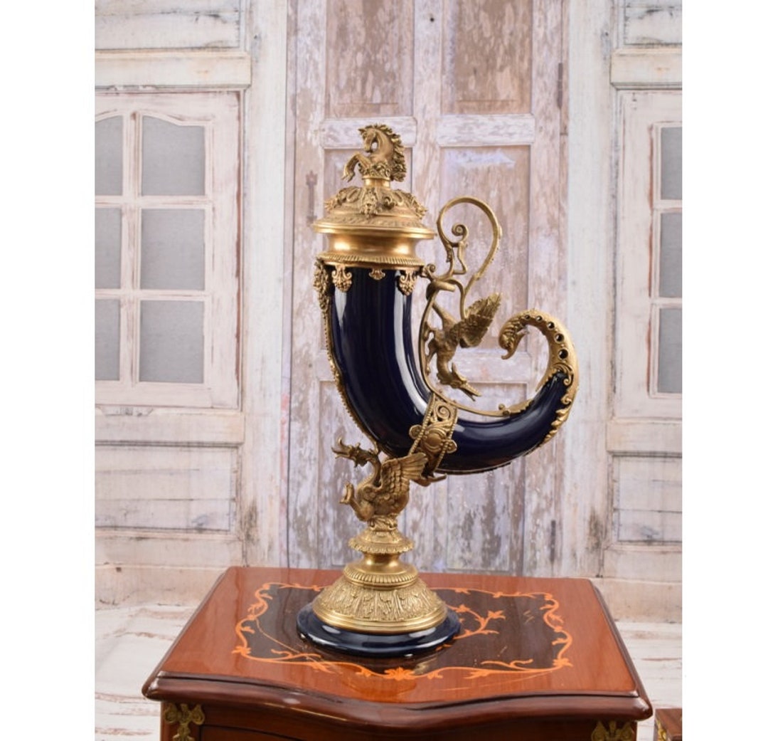 Big Decorative Cornucopia Horn - Porcelain With Bronze Ornaments - Navy ...