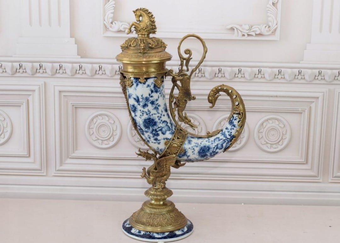 Large Blue Cornucopia - Horn of Plenty Porcelain and Bronze Ornaments ...