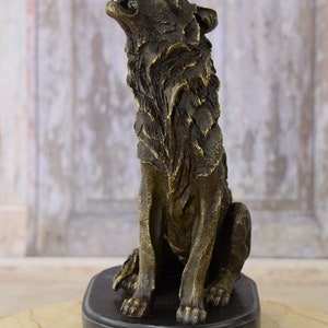 Realistic Sitting Howling Wolf Bronze Sculpture - Wolf Statue on Marble ...