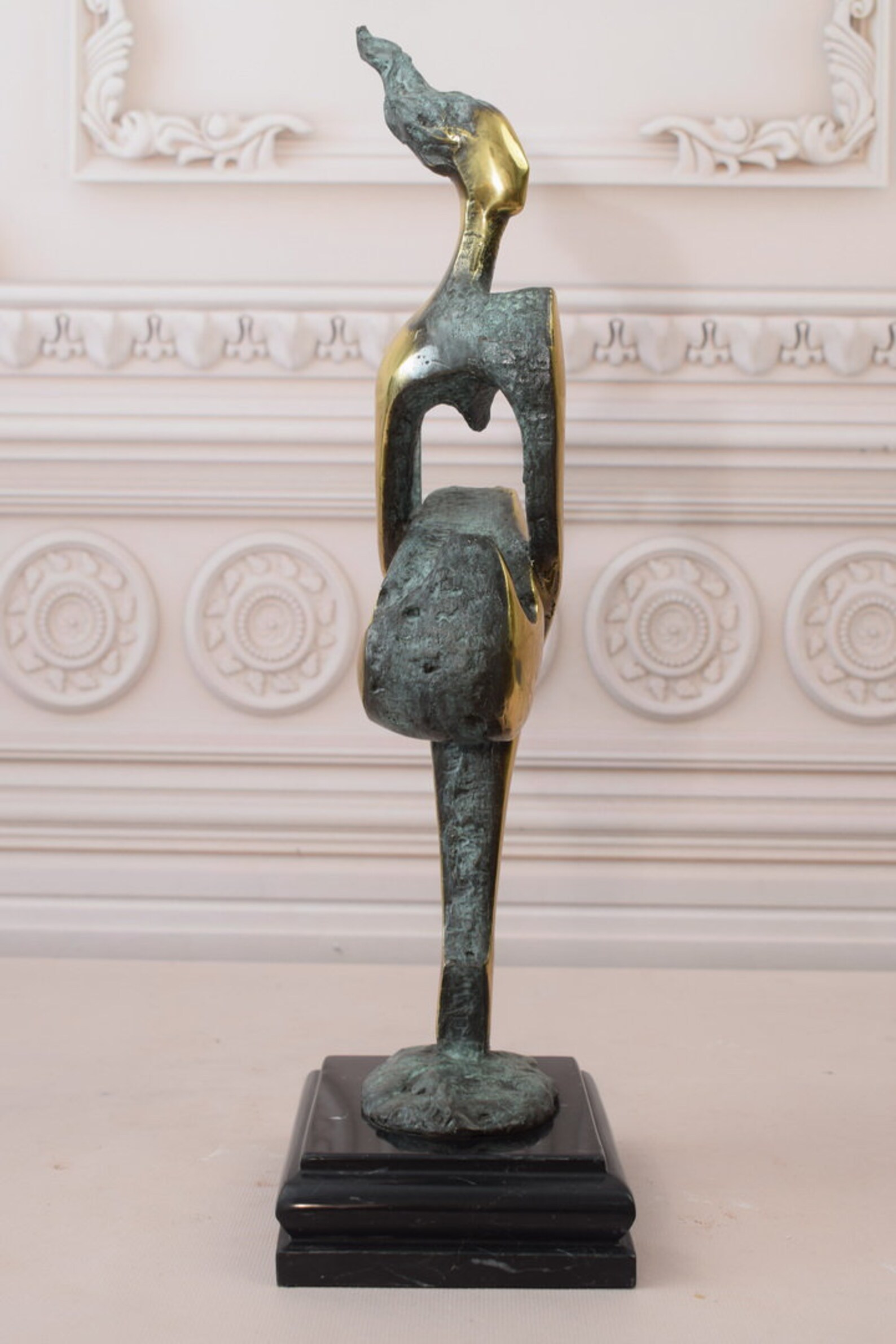 Gilded Patina Bronze Woman Sculpture – Abstract Modernist Art, Marble ...
