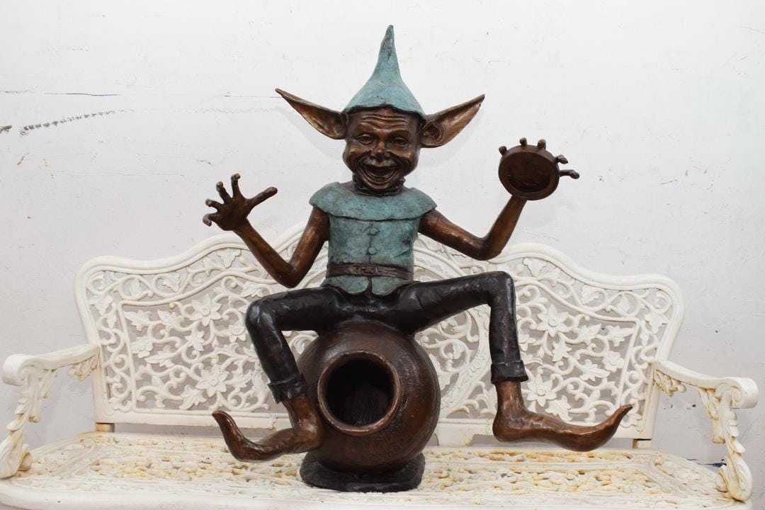 Sculpture Bronze Elf - Sitting Gnome on Smoked - Funny Pixie Figure ...