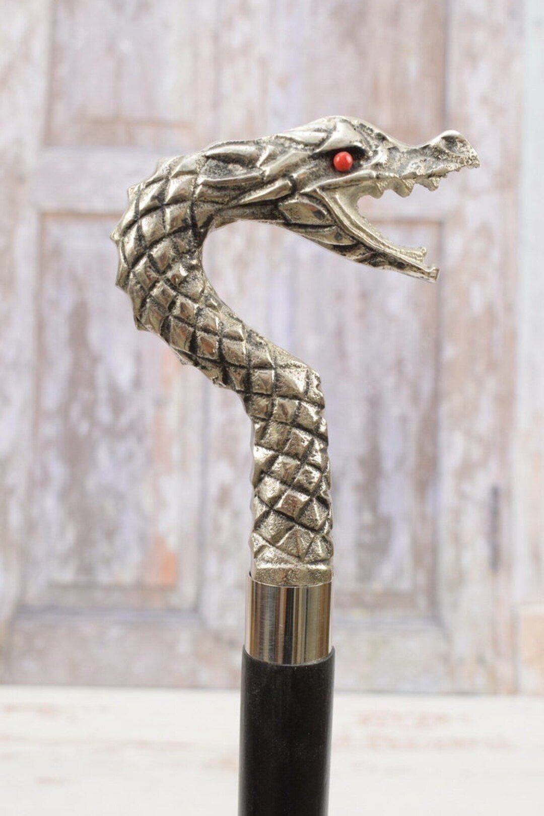 Walking Stick Dragon Figure - Dragon Cane - Silver and Black Walking ...