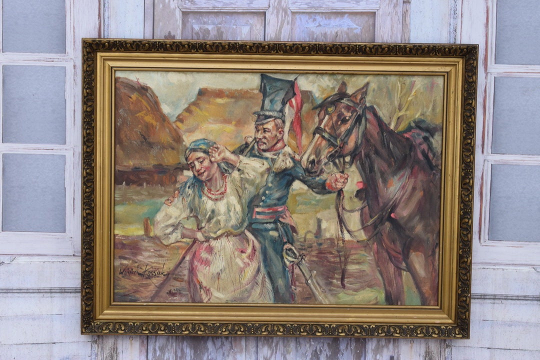 Antique Painting Polish Lancer and Highlander Woman - Old Oil on Canvas ...