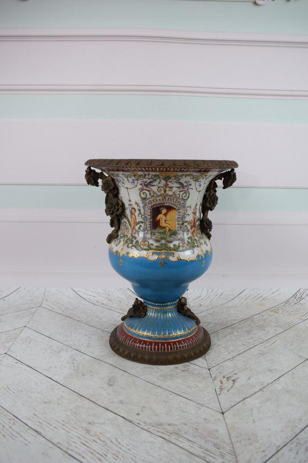 Large Blue Porcelain Flower Pot: Bronze Ornament Vase, Gilded Flowers ...